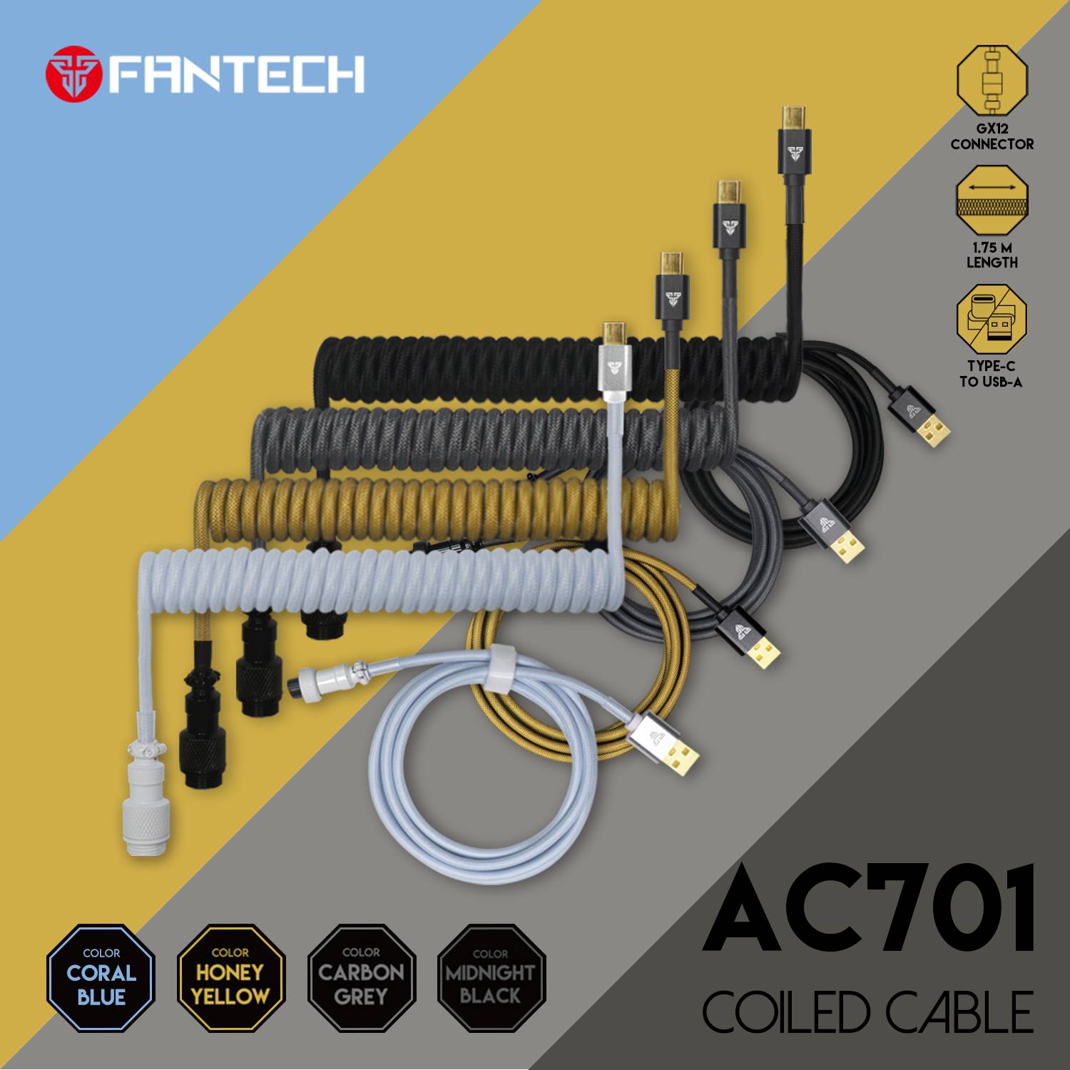 Fantech Coiled Cable Type C Aviator AC701 Mechanical Keyboard Cable